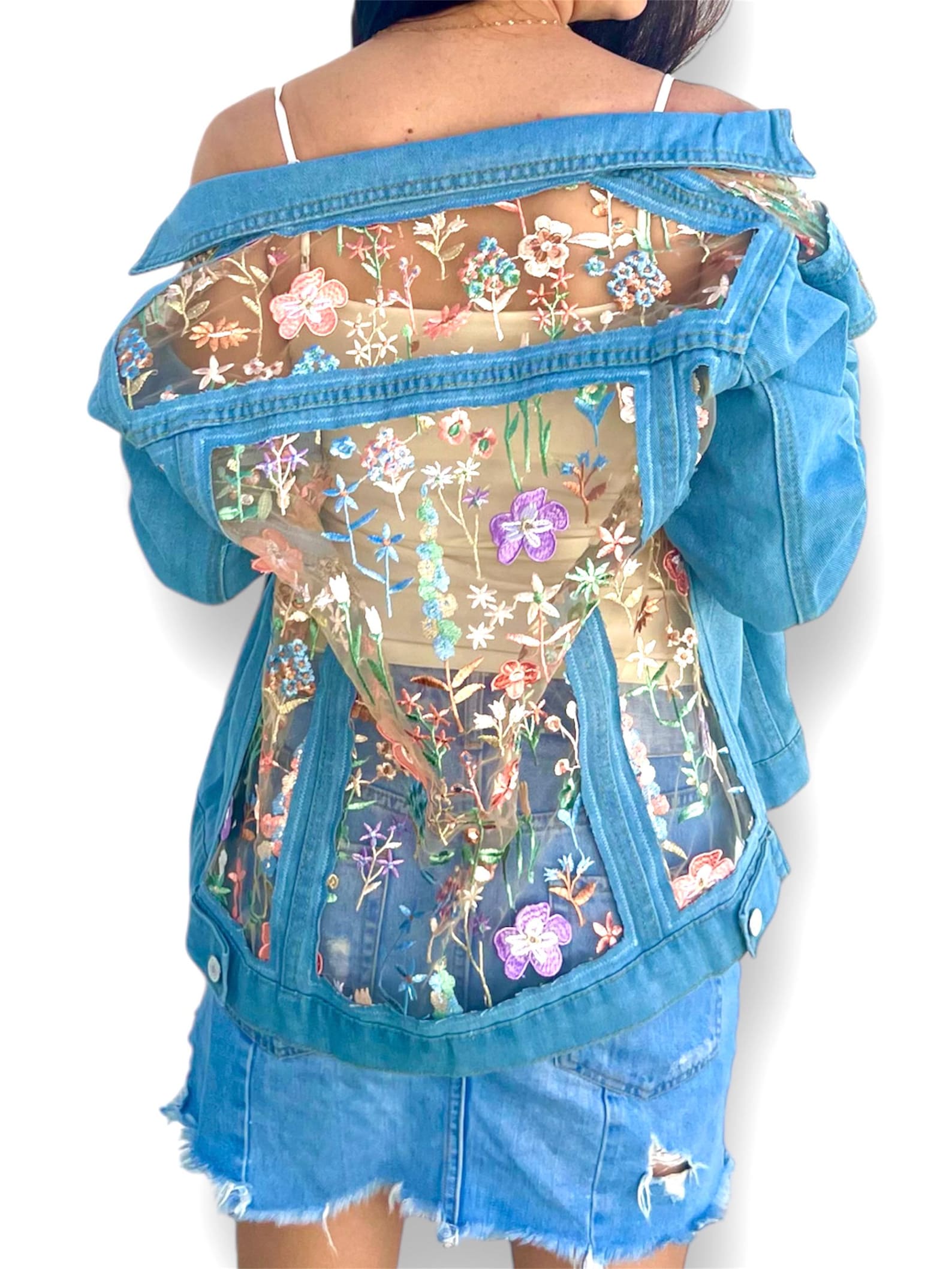 Denim Blue Jacket With Embroidered Mesh, Boho Stylish Floral Design ...