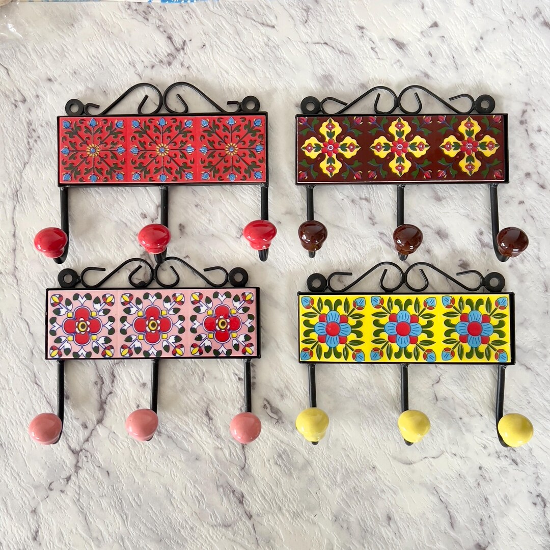 Blue Pottery Wall Hanger, Ceramic Tile Hook Boho Wall Decor 3 Pegs Iron ...