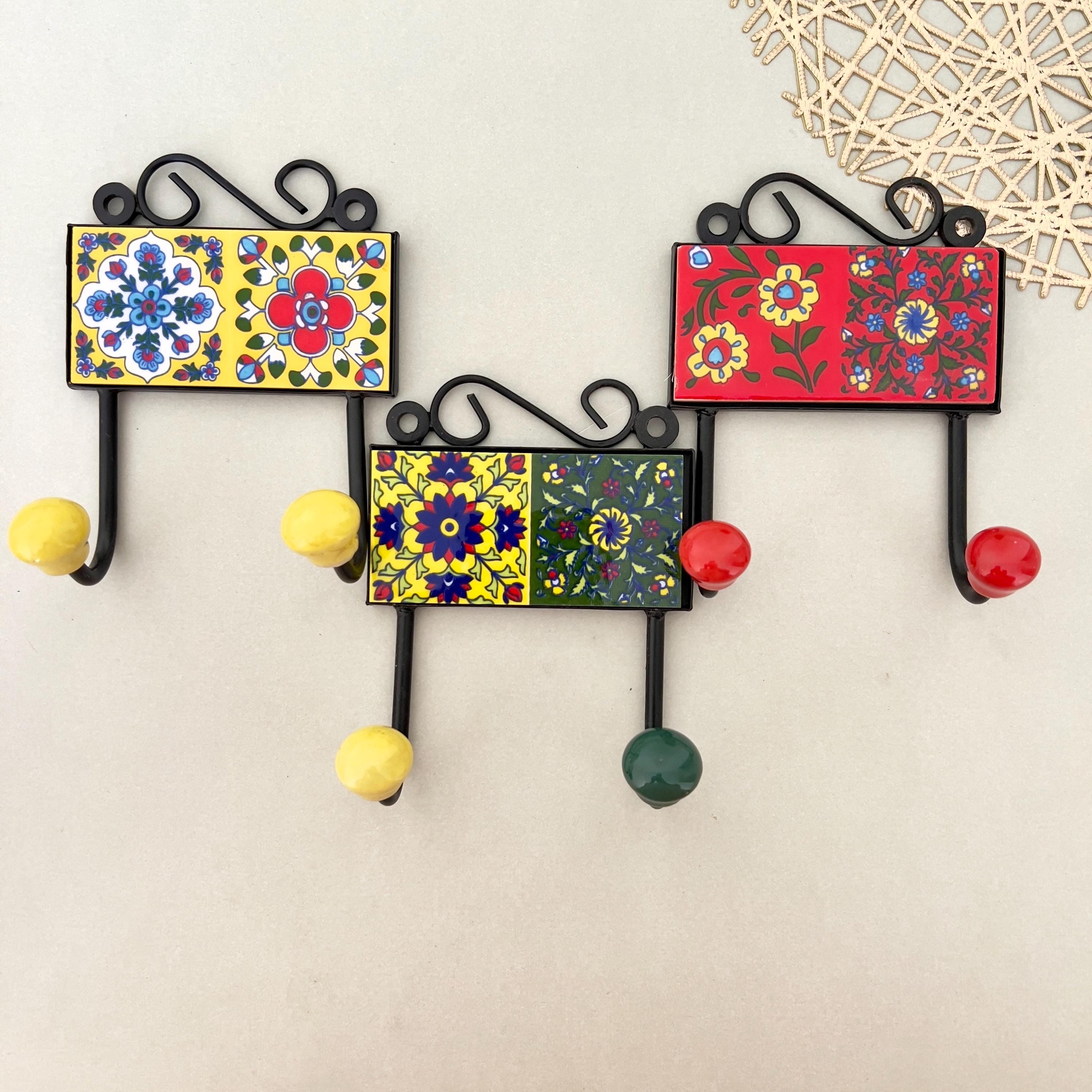 Dual Design Ceramic Wall Hooks | Boho Floral Tile Key Holder | Indian ...