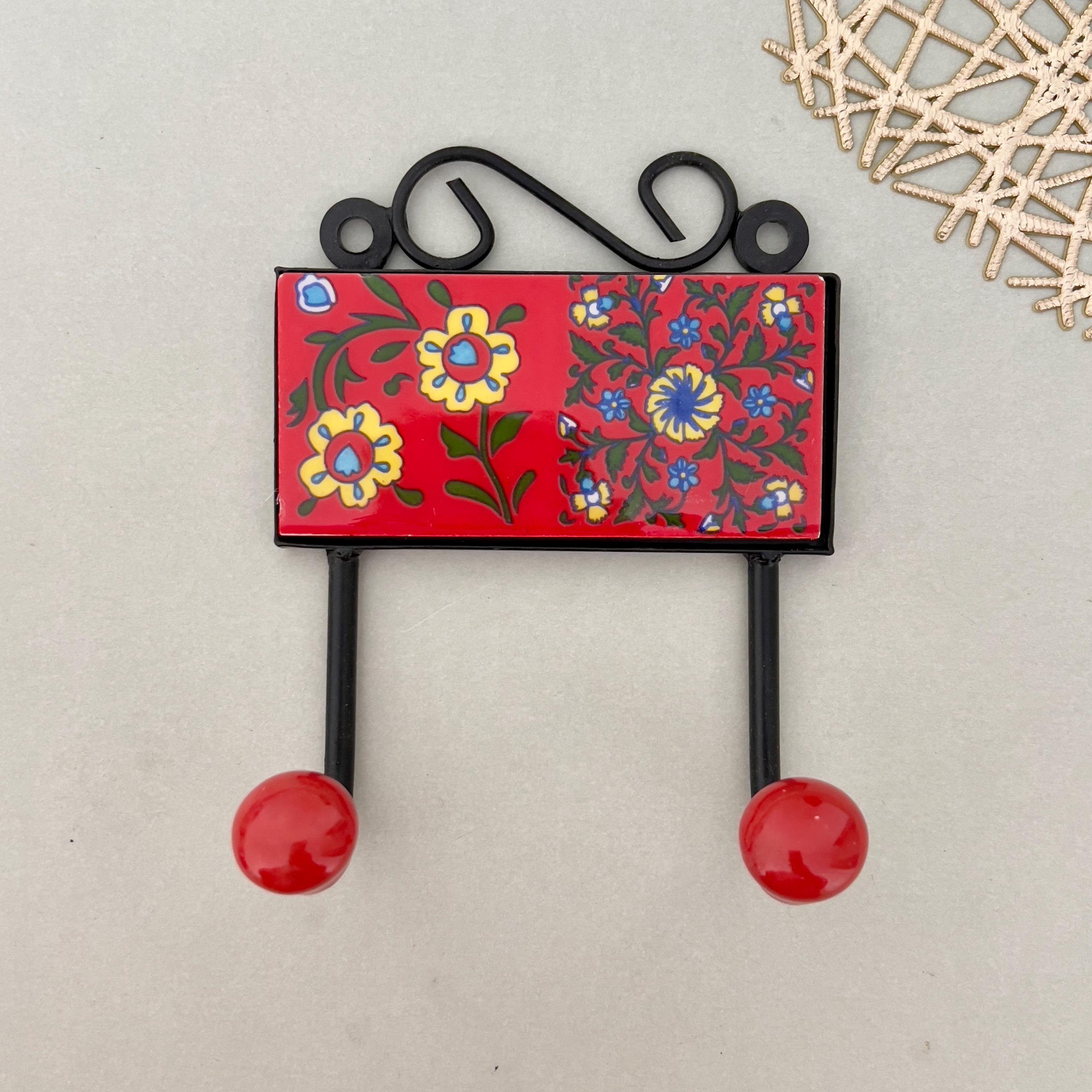 Dual Design Ceramic Wall Hooks | Boho Floral Tile Key Holder | Indian ...