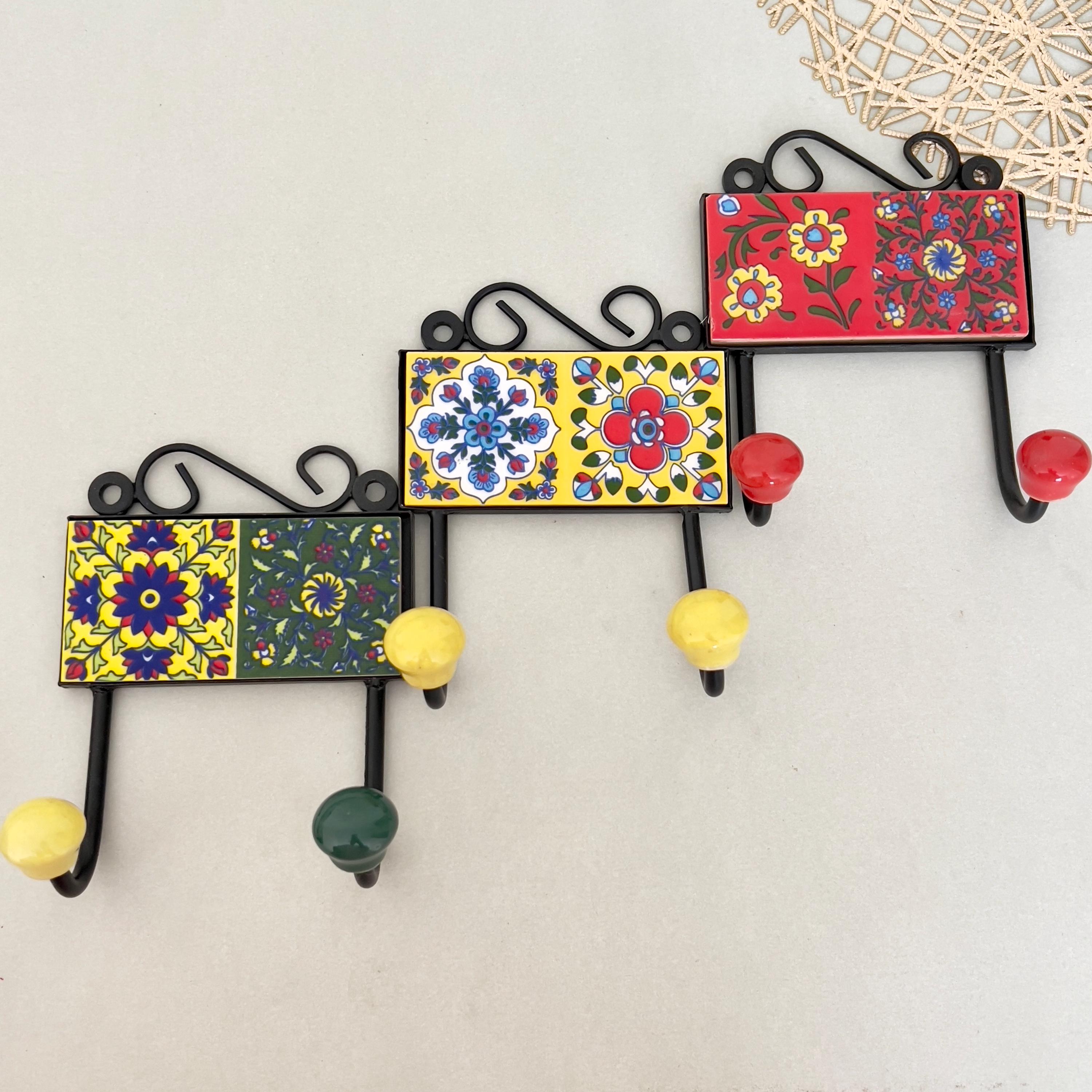 Dual Design Ceramic Wall Hooks | Boho Floral Tile Key Holder | Indian ...