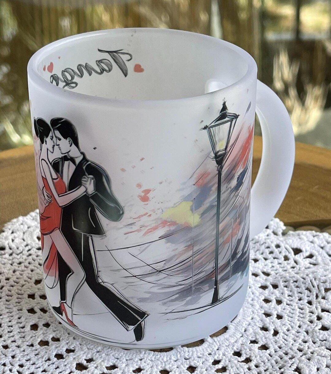 An 11-oz Tango Dance Frosted Glass Mug or White Ceramic Sublimation ...