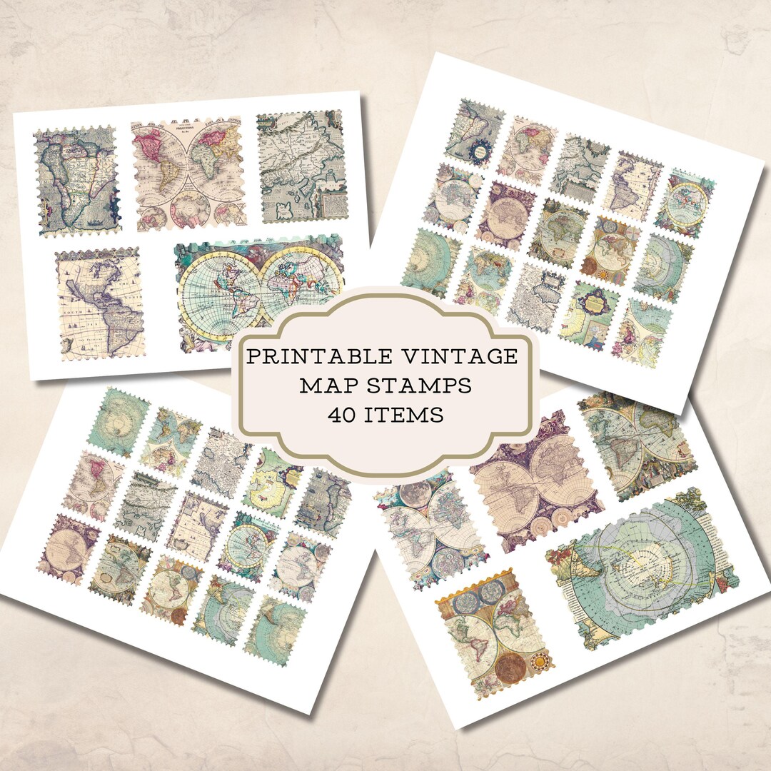 Printable Vintage Map Stamps for Junk Journal and Scrapbook, Old Map ...