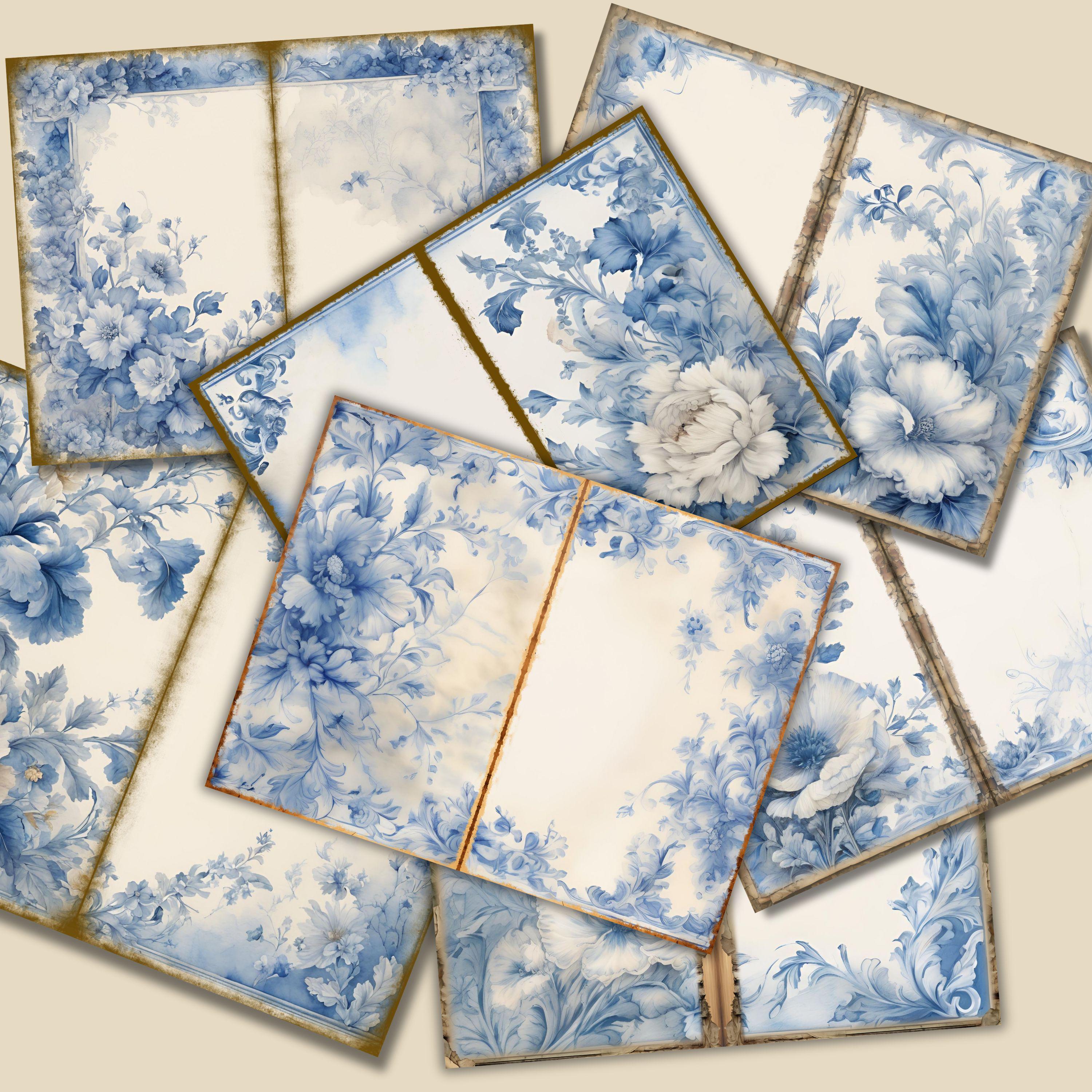 French Blue Toile De Jouy Floral Junk Journal Pages, 8 Floral Digital ...