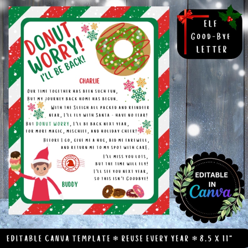 Elf Goodbye Letter, "donut Worry I'll Be Back", Editable Canva ...