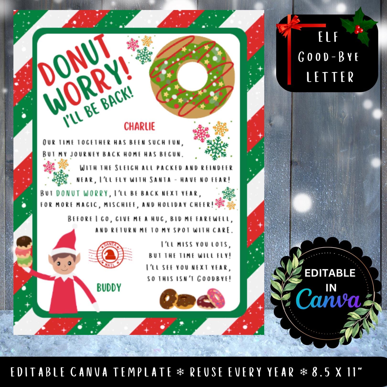 Elf Goodbye Letter, "donut Worry I'll Be Back", Editable Canva ...