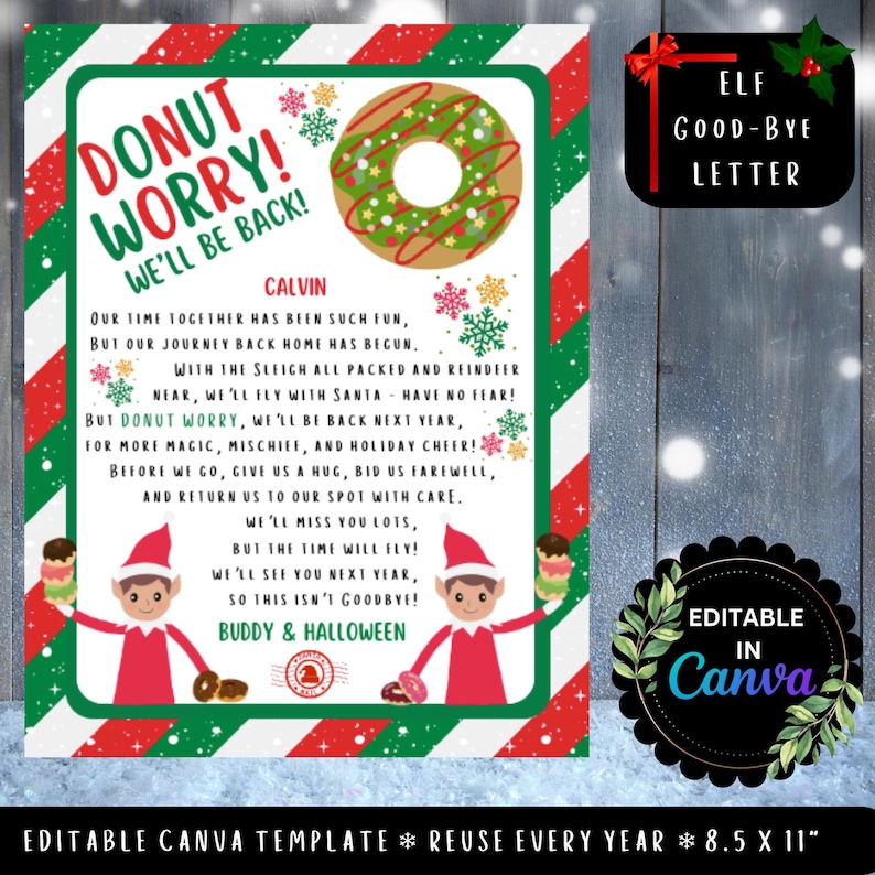 Elf Goodbye Letter, "donut Worry We'll Be Back", Editable Canva ...
