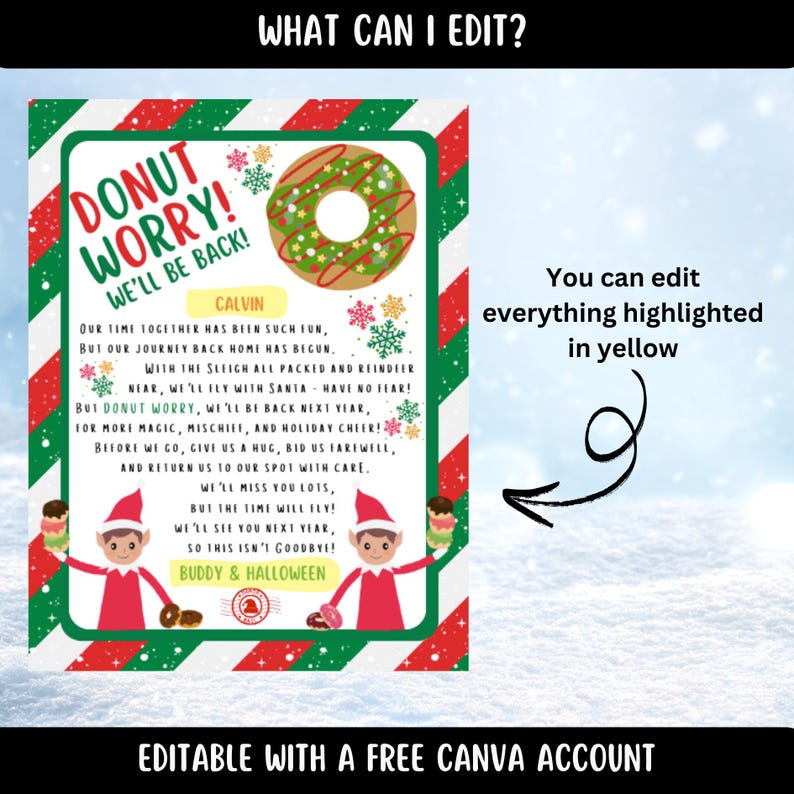 Elf Goodbye Letter, "donut Worry We'll Be Back", Editable Canva ...