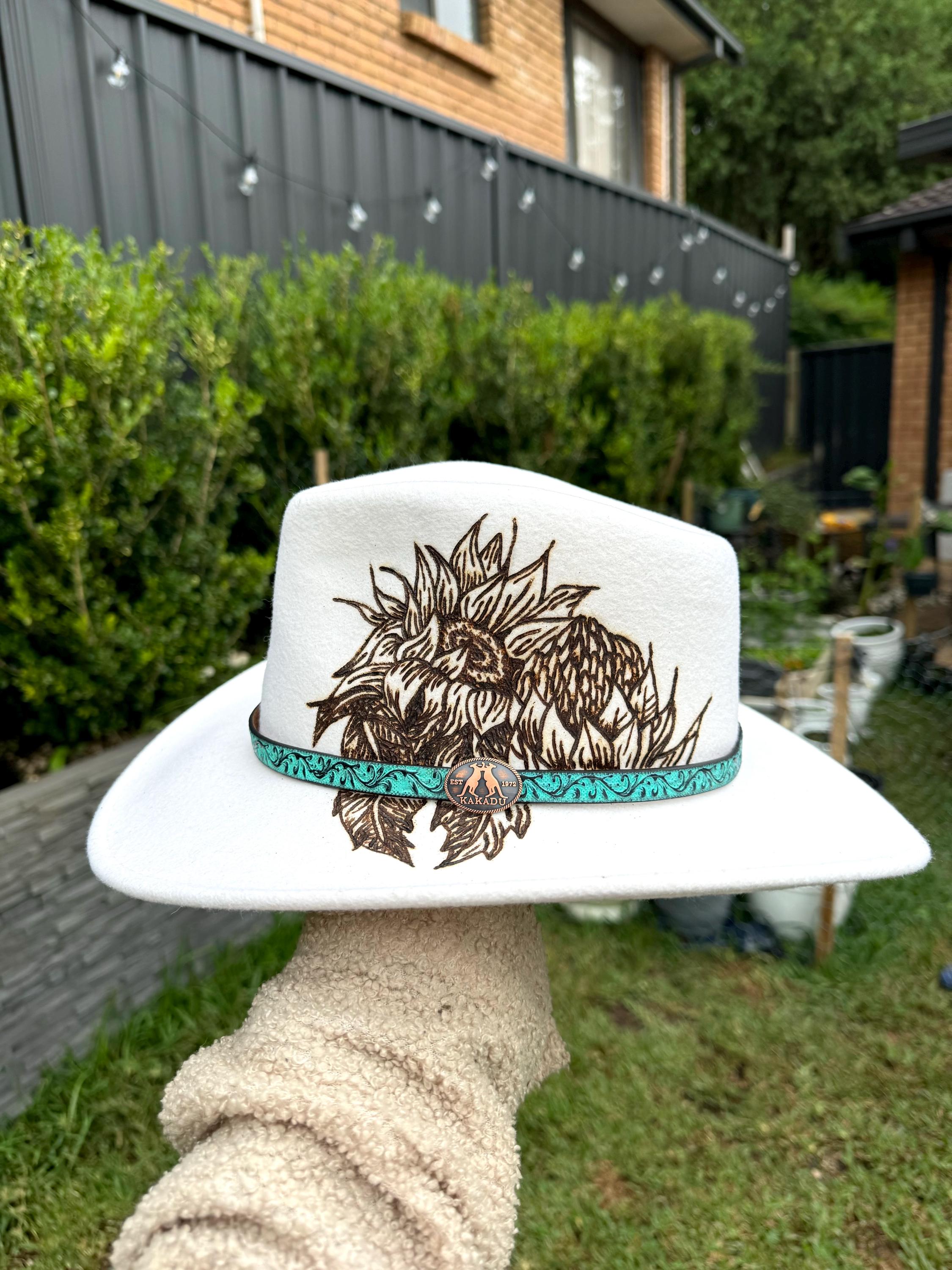Aztec Sunflower Fedora Hat 100% Australian Wool Turquoise Band Hand ...