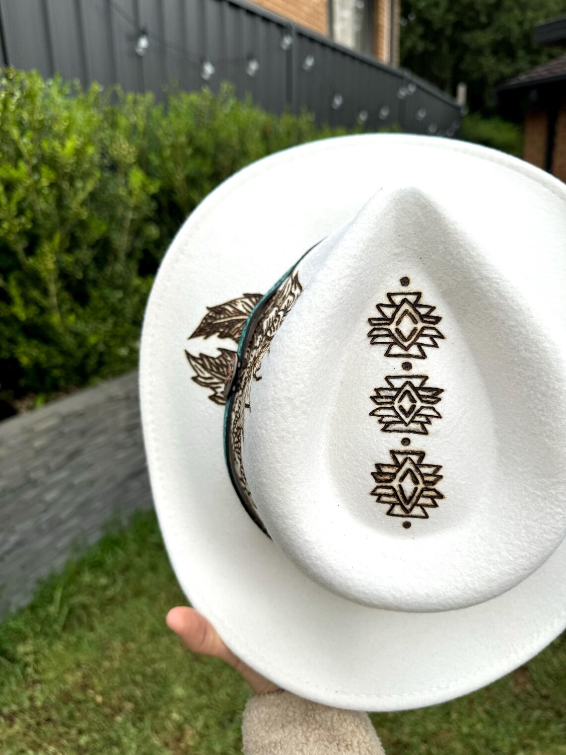 Aztec Sunflower Fedora Hat 100% Australian Wool Turquoise Band Hand ...