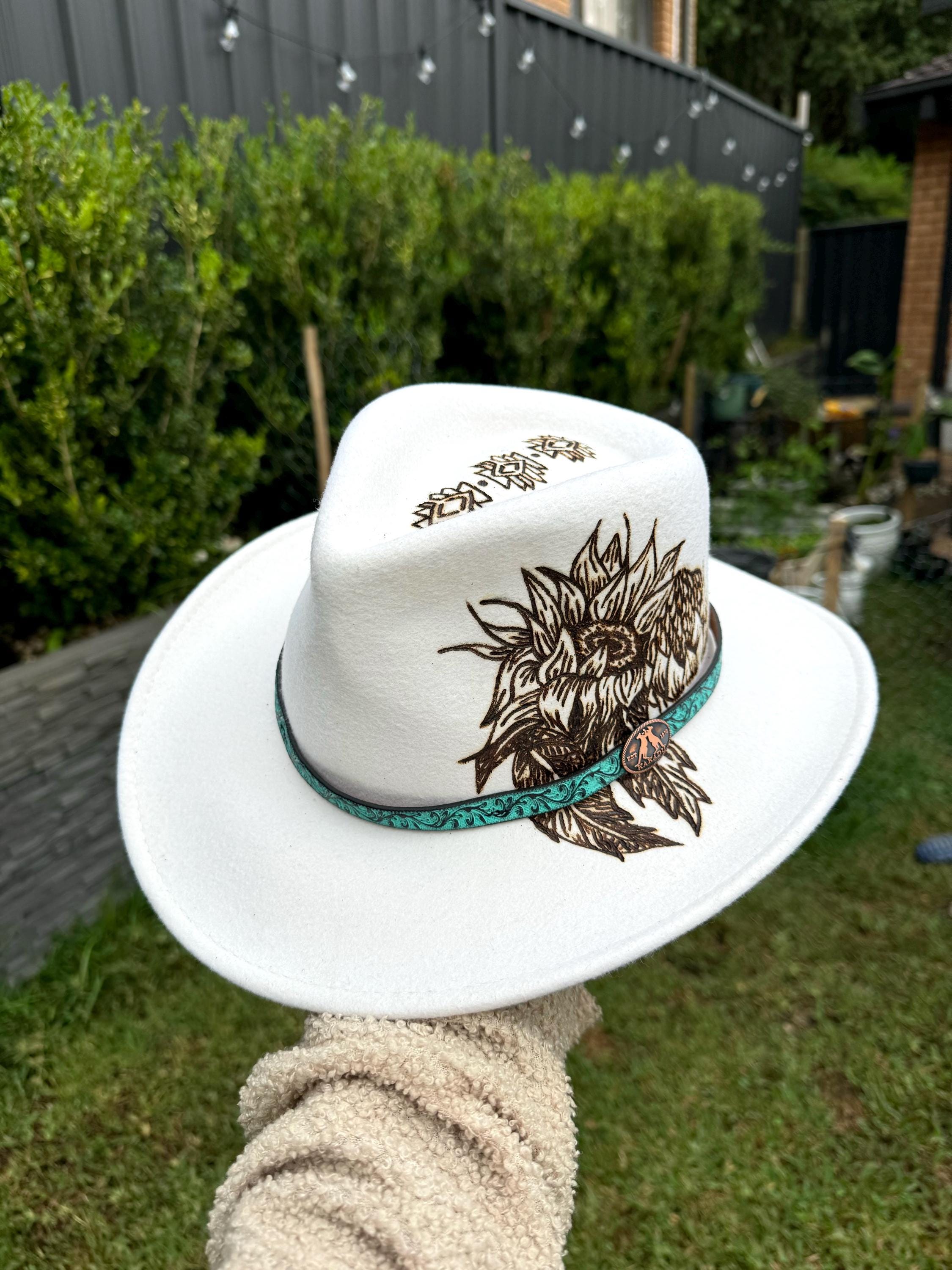 Aztec Sunflower Fedora Hat 100% Australian Wool Turquoise Band Hand ...