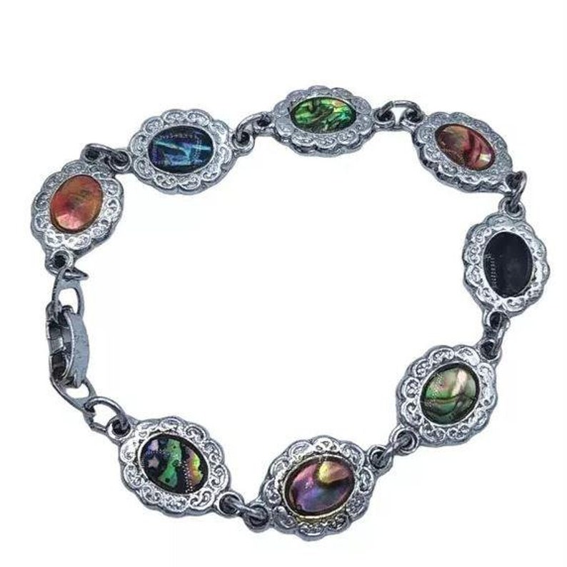 Vintage Abalone Shell Inlay Fold Over Clasp Chain Bracelet Silver Tone ...