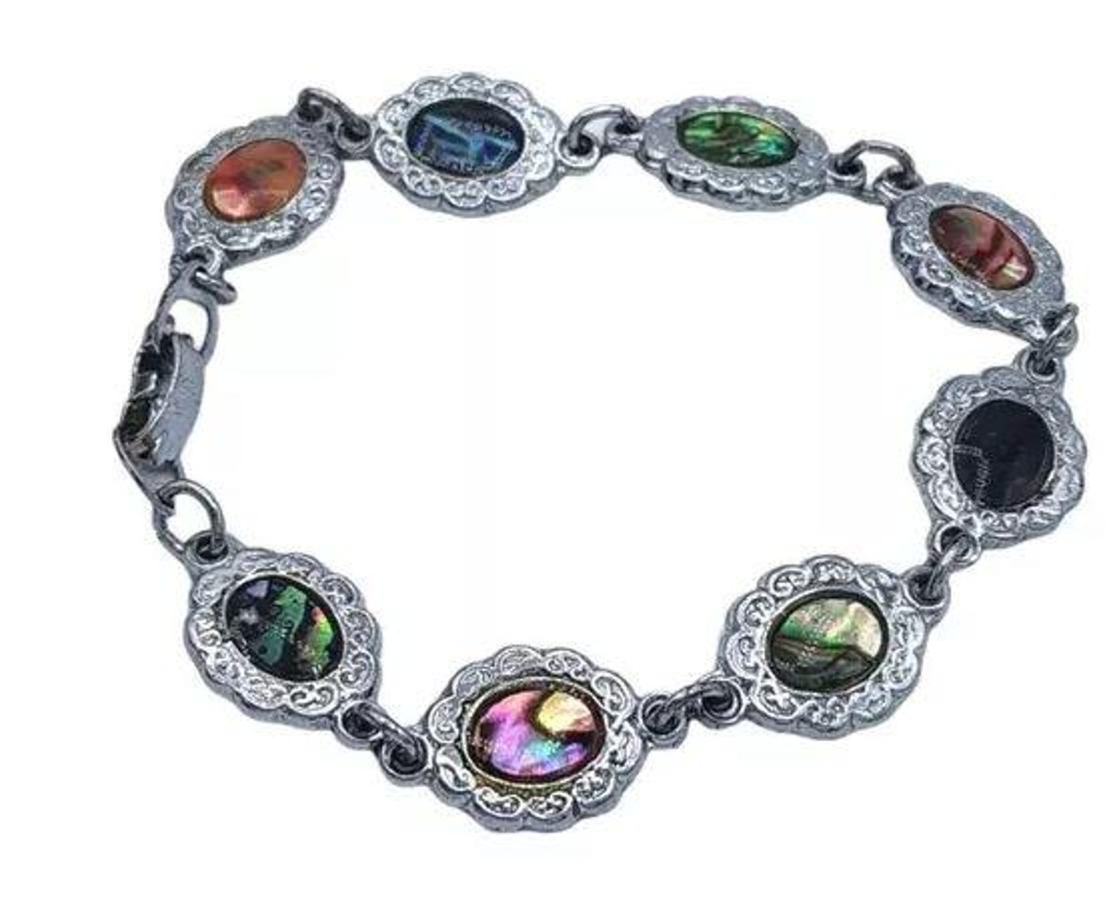 Vintage Abalone Shell Inlay Fold Over Clasp Chain Bracelet Silver Tone ...