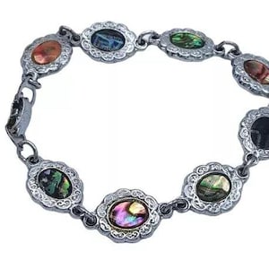 Vintage Abalone Shell Inlay Fold Over Clasp Chain Bracelet Silver Tone ...