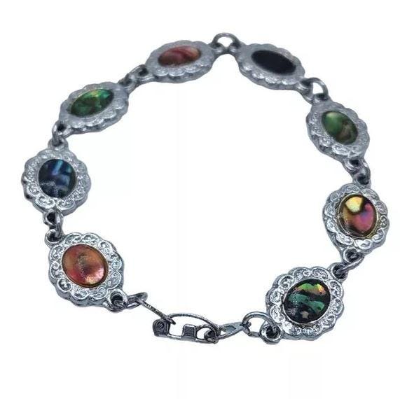 Vintage Abalone Shell Inlay Fold Over Clasp Chain Bracelet Silver Tone ...