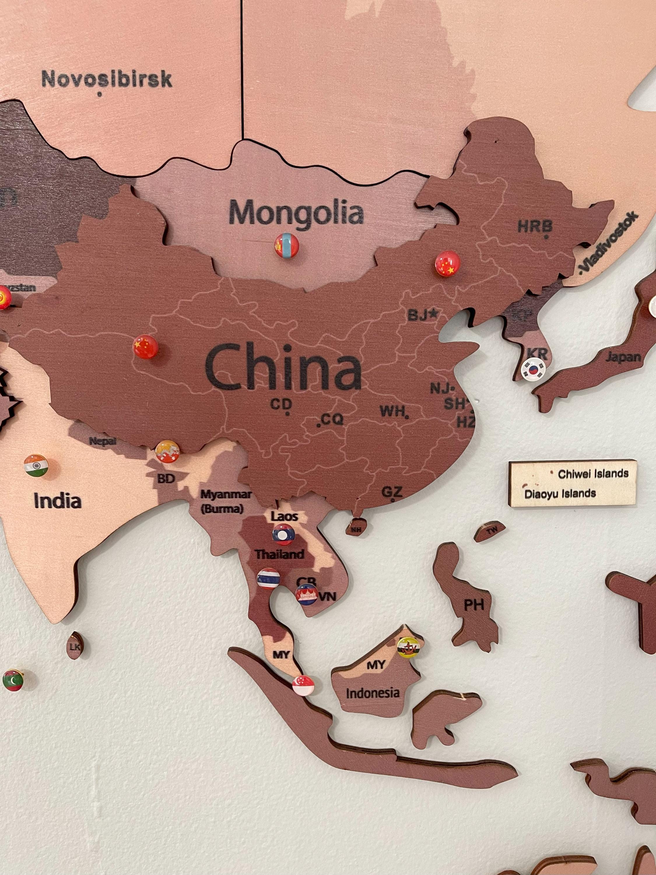 Wooden World Map With Flags Wall Art – 3D Interactive Travel Decor for ...