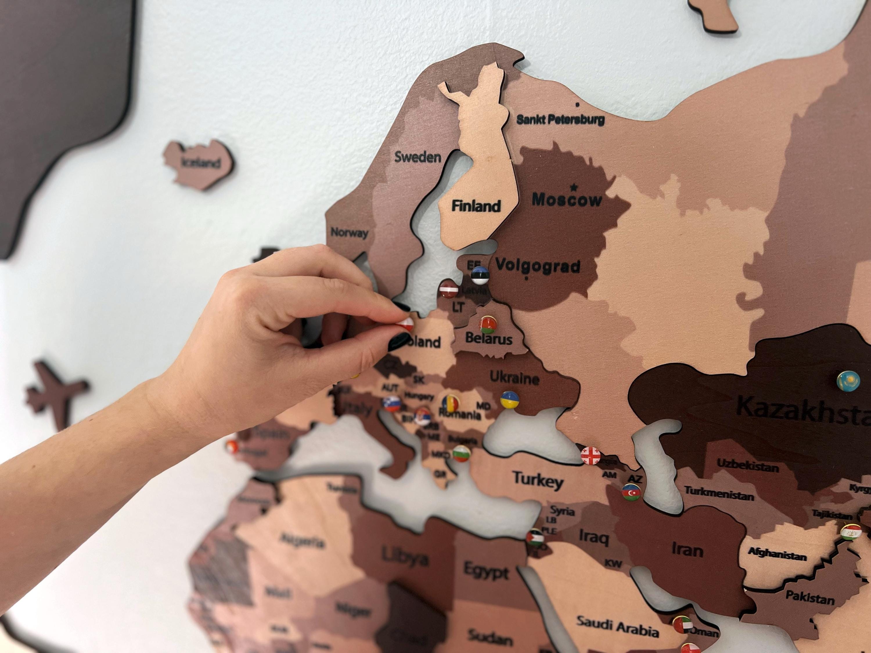 Wooden World Map With Flags Wall Art – 3D Interactive Travel Decor for ...