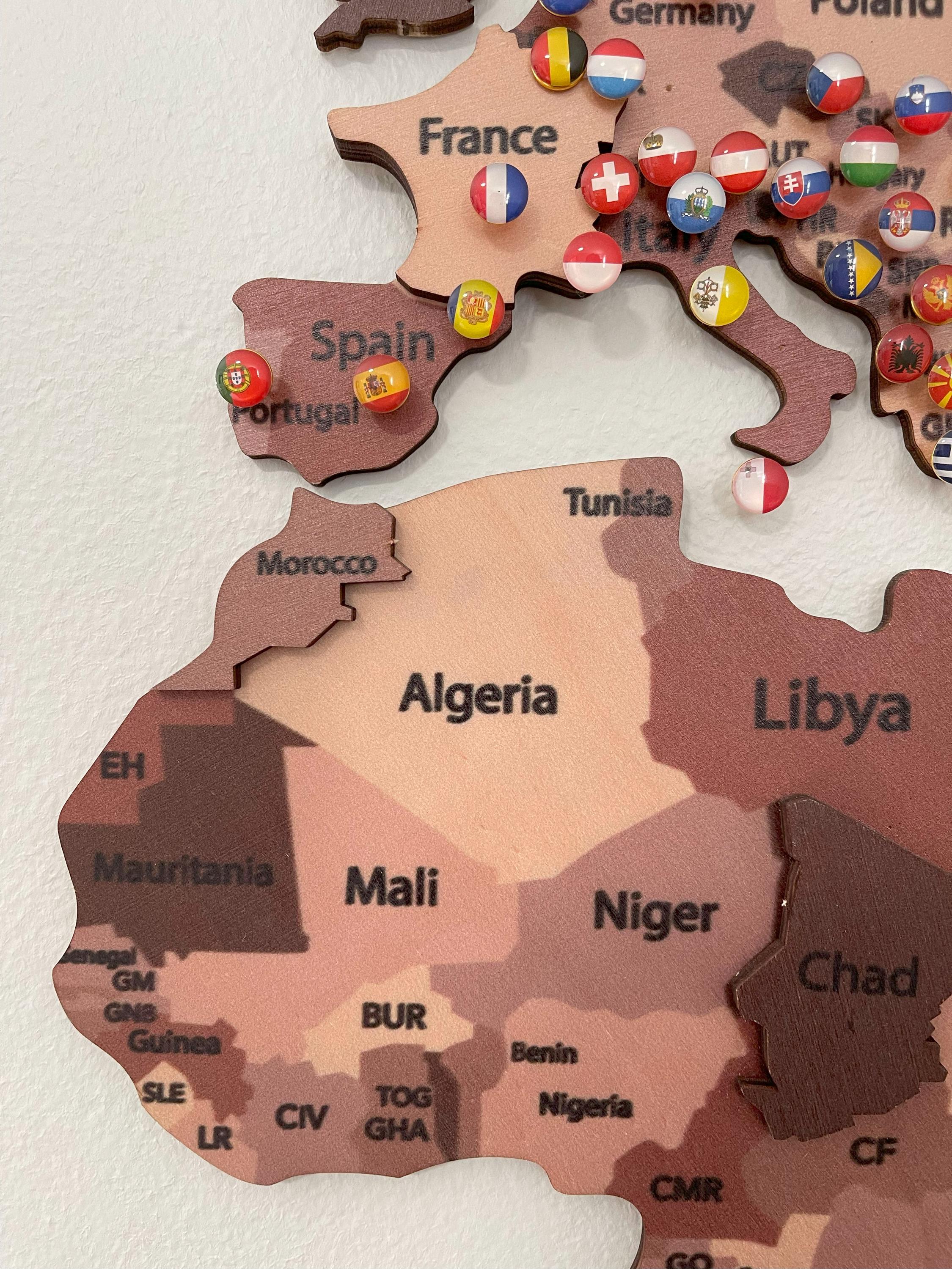Wooden World Map With Flags Wall Art – 3D Interactive Travel Decor for ...