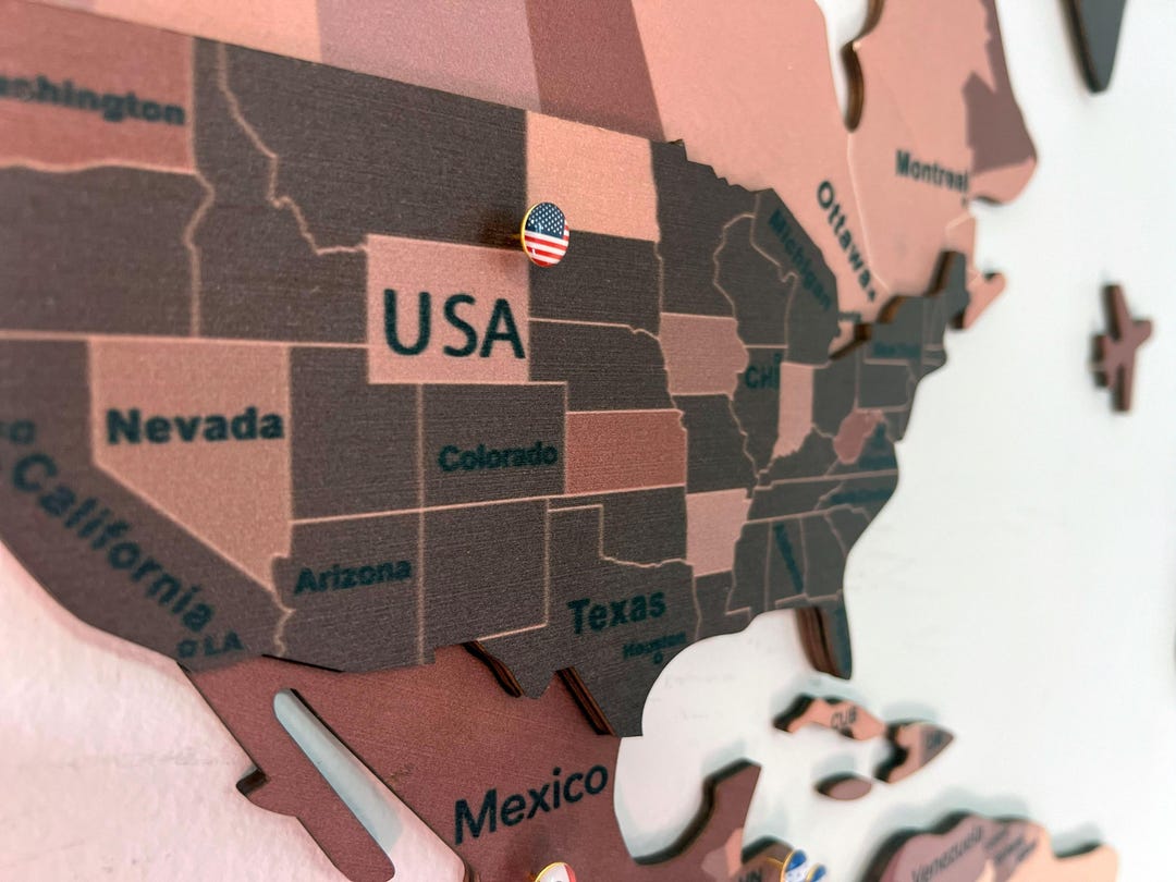 Wooden World Map With Flags Wall Art 3D Interactive Travel Decor for ...