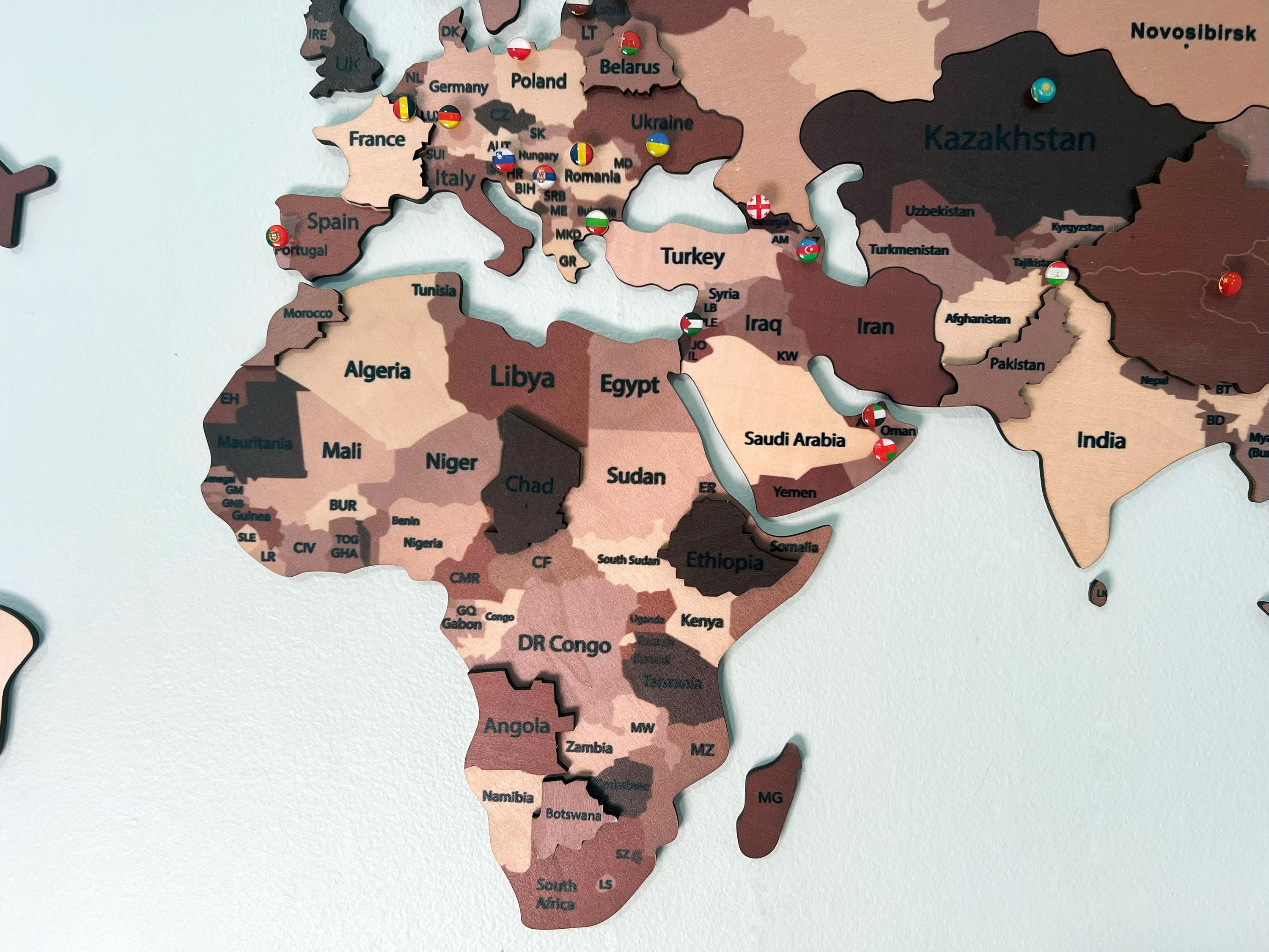 Wooden World Map With Flags Wall Art – 3D Interactive Travel Decor for ...
