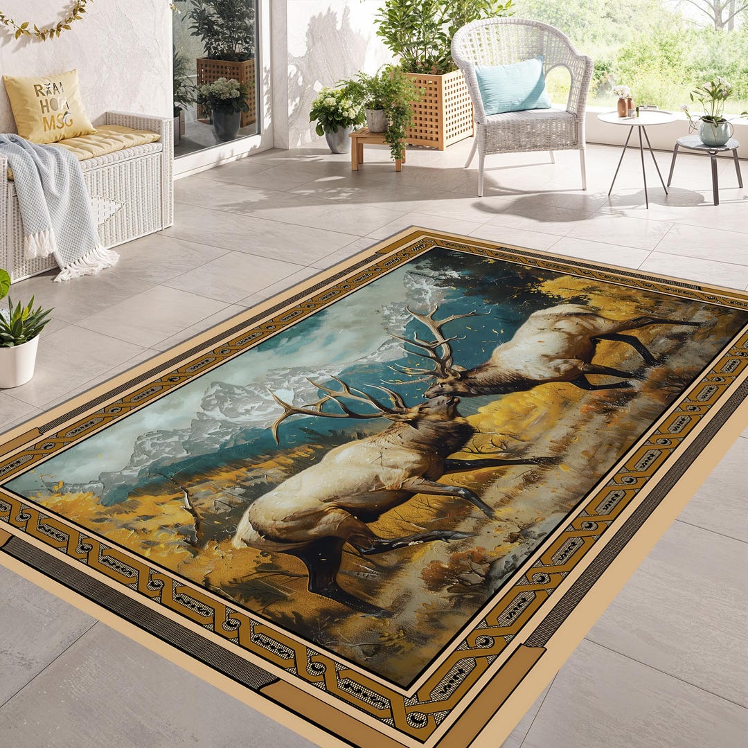 Rustic Elk Rug for Deer Hunting Lodge, Cabin Area Carpet, Woodland ...