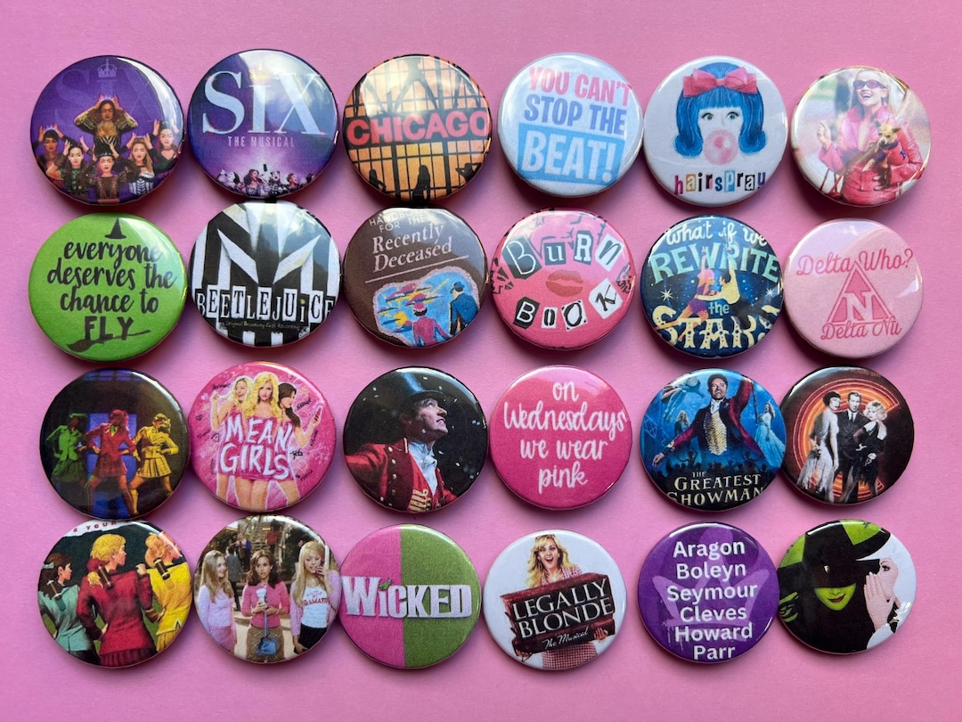 Musical Pin Badges | 32mm and 58mm Handmade Pins | Wicked | Six | Mean ...