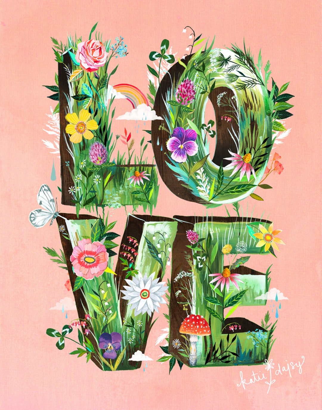 Love Grows Art Print | Watercolor Typography | Hand Lettered | Floral ...