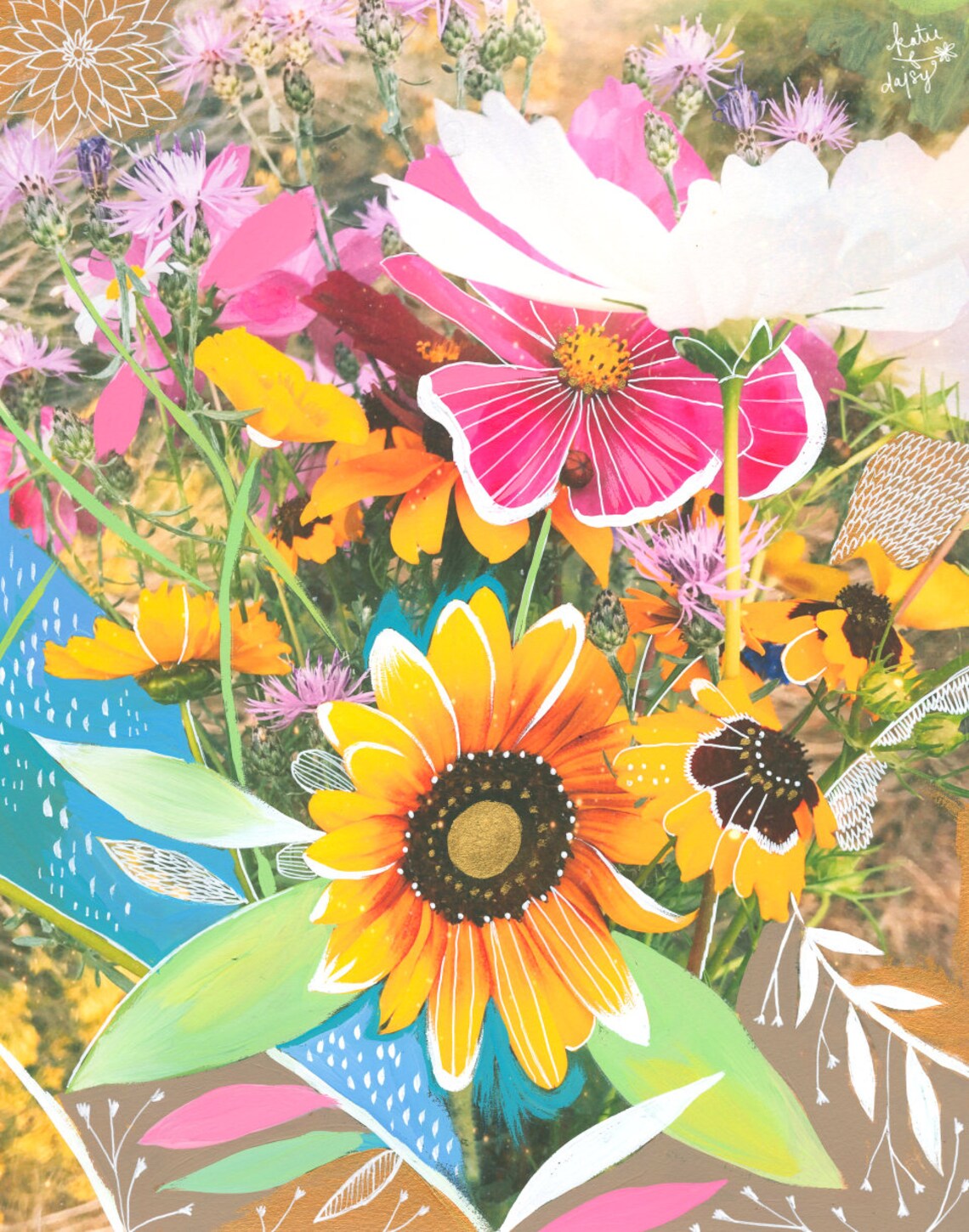 Wildflower Bouquet Art Print Mixed Media Painting Floral | Etsy