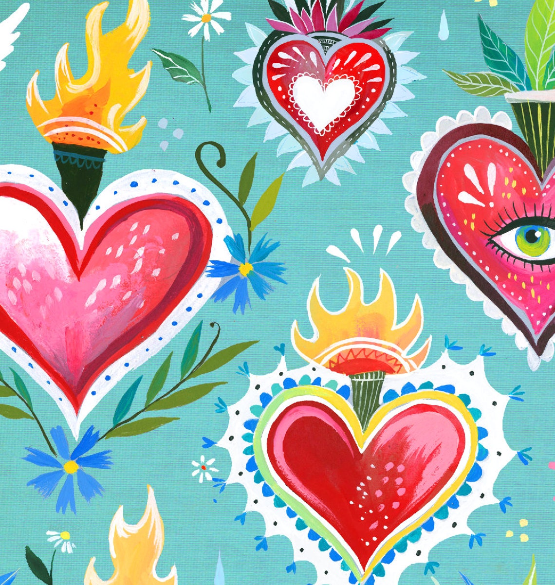 Hearts Aflame Art Print Wall Art Folk Art Love Painting | Etsy