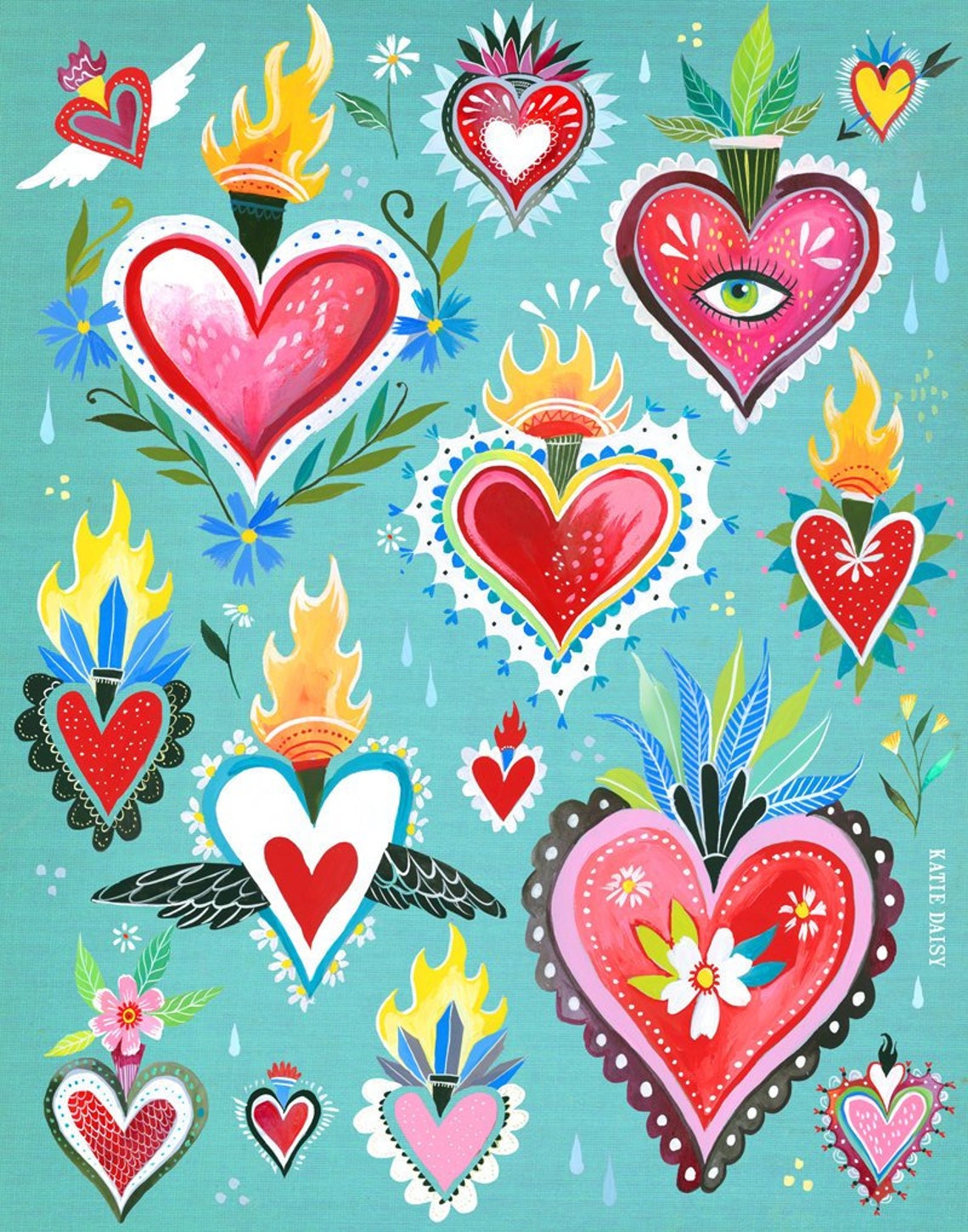 Hearts Aflame Art Print Wall Art Folk Art Love Painting | Etsy