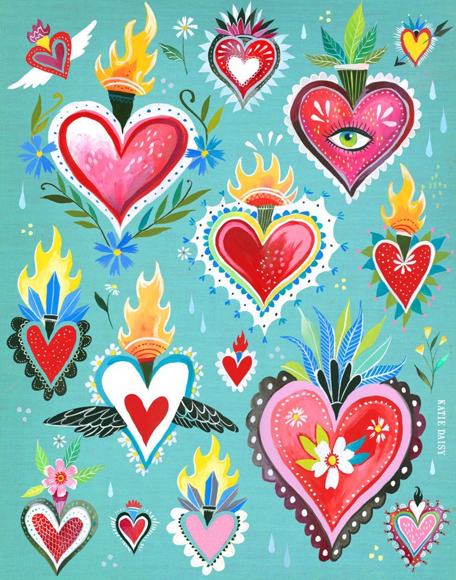 Hearts Aflame | Art Print | Wall Art | Folk Art| Love Painting | Katie ...