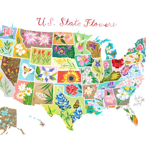 US State Flowers Educational Wall Art Watercolor Geography - Etsy