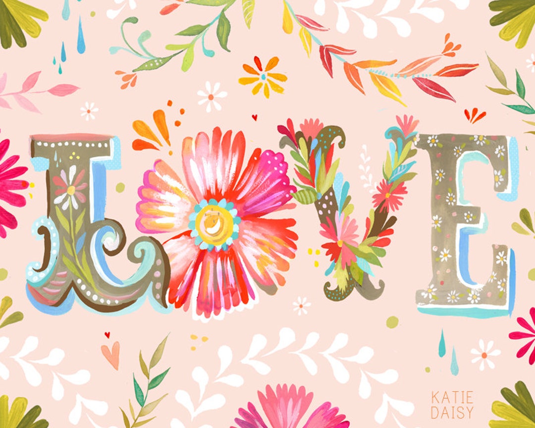Horizontal LOVE Print | Floral Typography | Pink Wall Art | Nursery ...