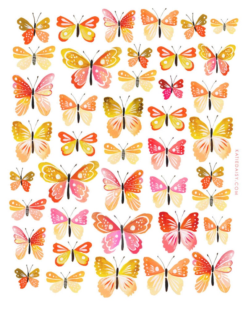 Peach Butterfly Collection Art Print Nature Decor Painting - Etsy