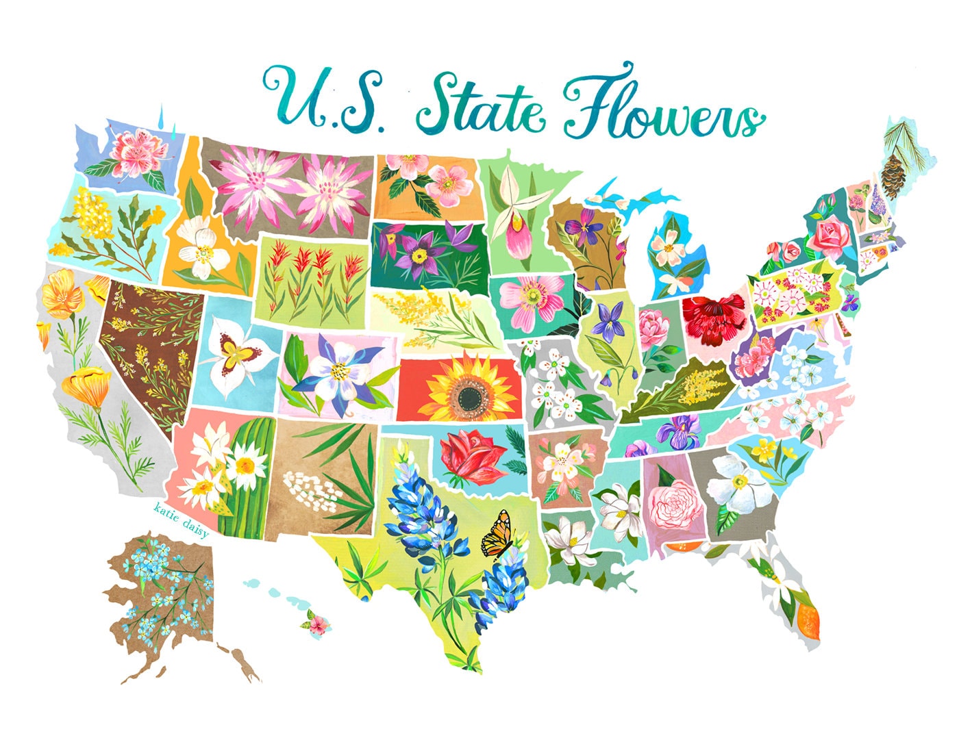 US State Flowers Educational Wall Art Watercolor Geography Flower Chart Etsy