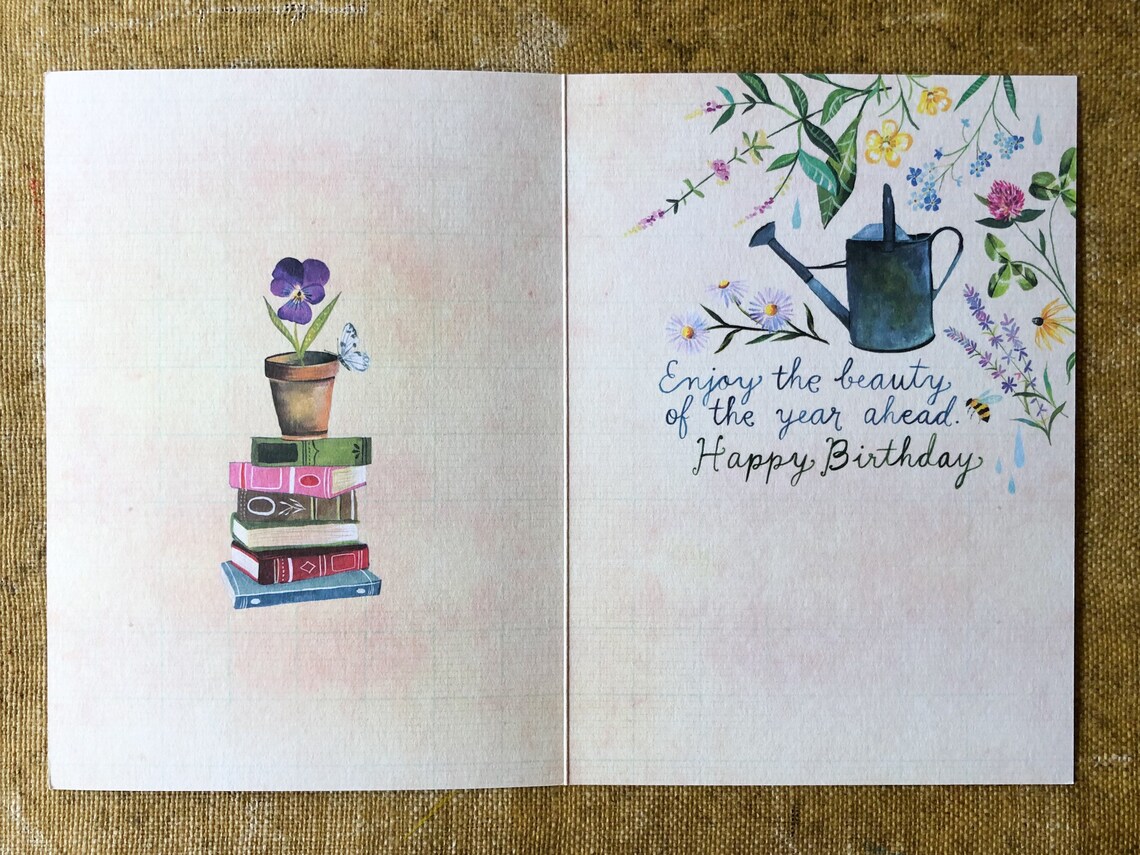 Garden and a Library Birthday Card - Etsy