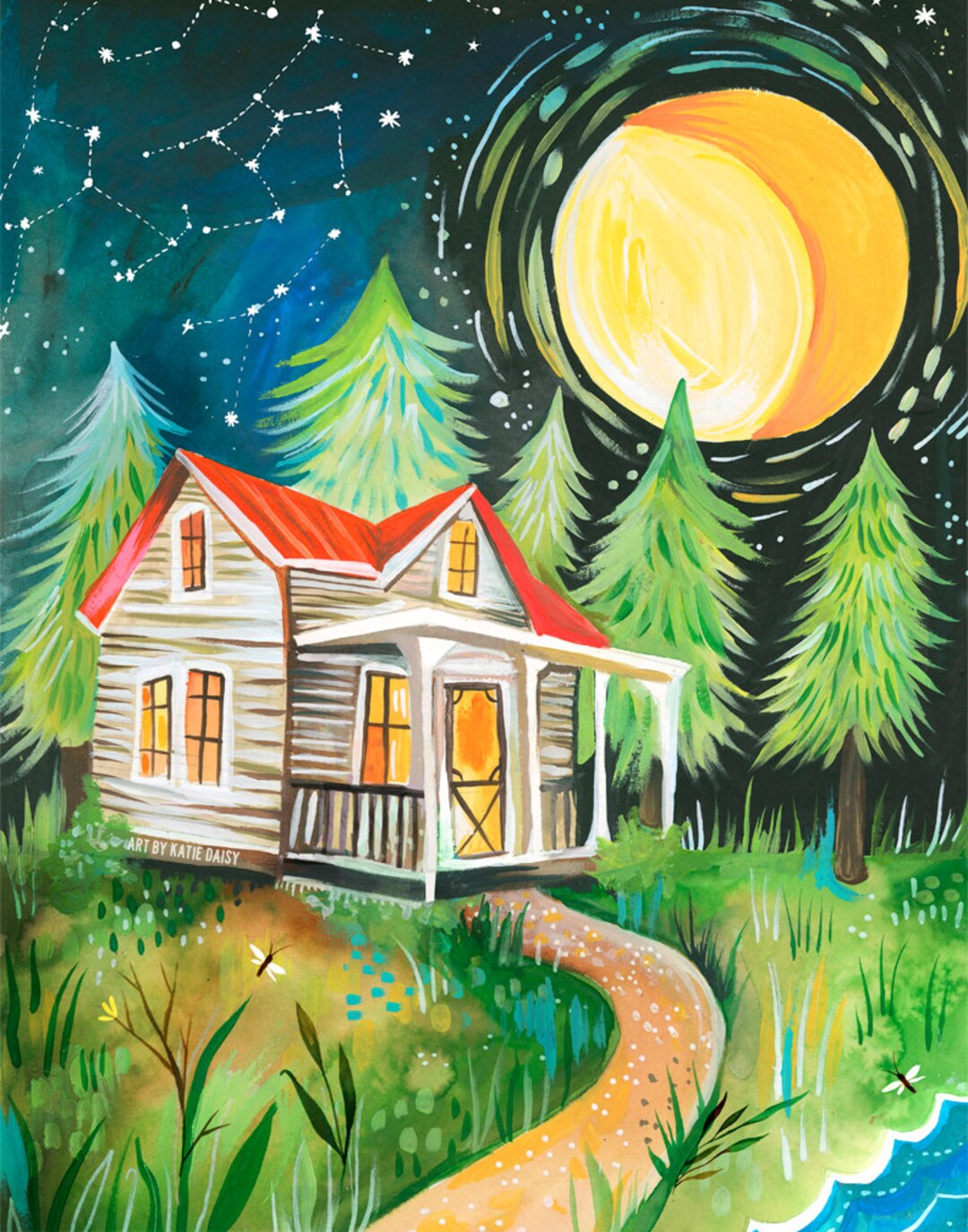 Night Cabin Art Print | Rustic Wall Art | Nature Scene | Katie Daisy - Etsy