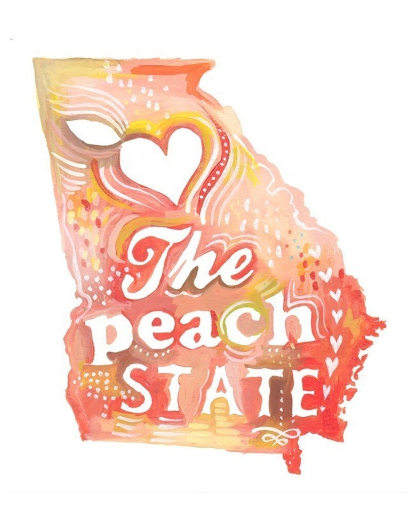 Peach State Art Print | State Wall Art | Watercolor Painting | Map Art ...
