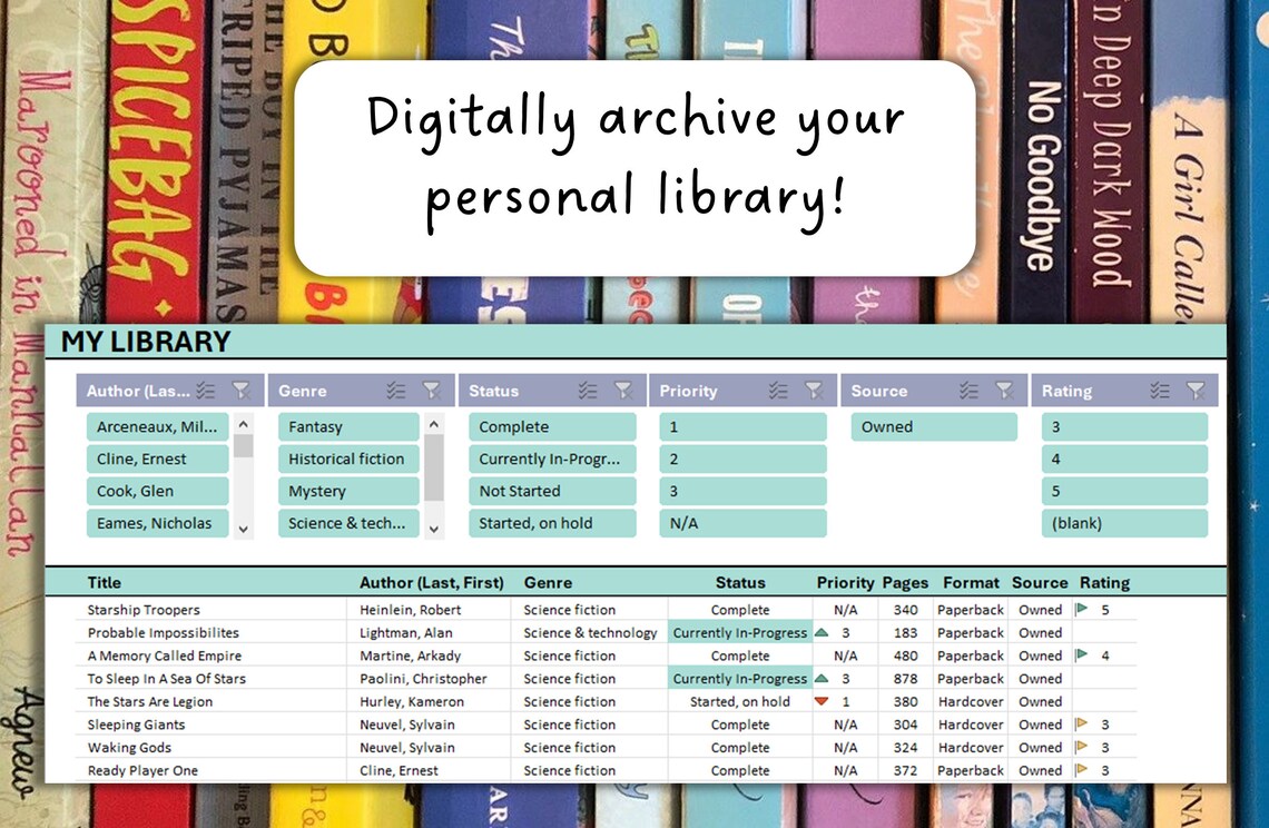 Personal Library Spreadsheet Tracker, Excel Book Organizer, Reading Log ...
