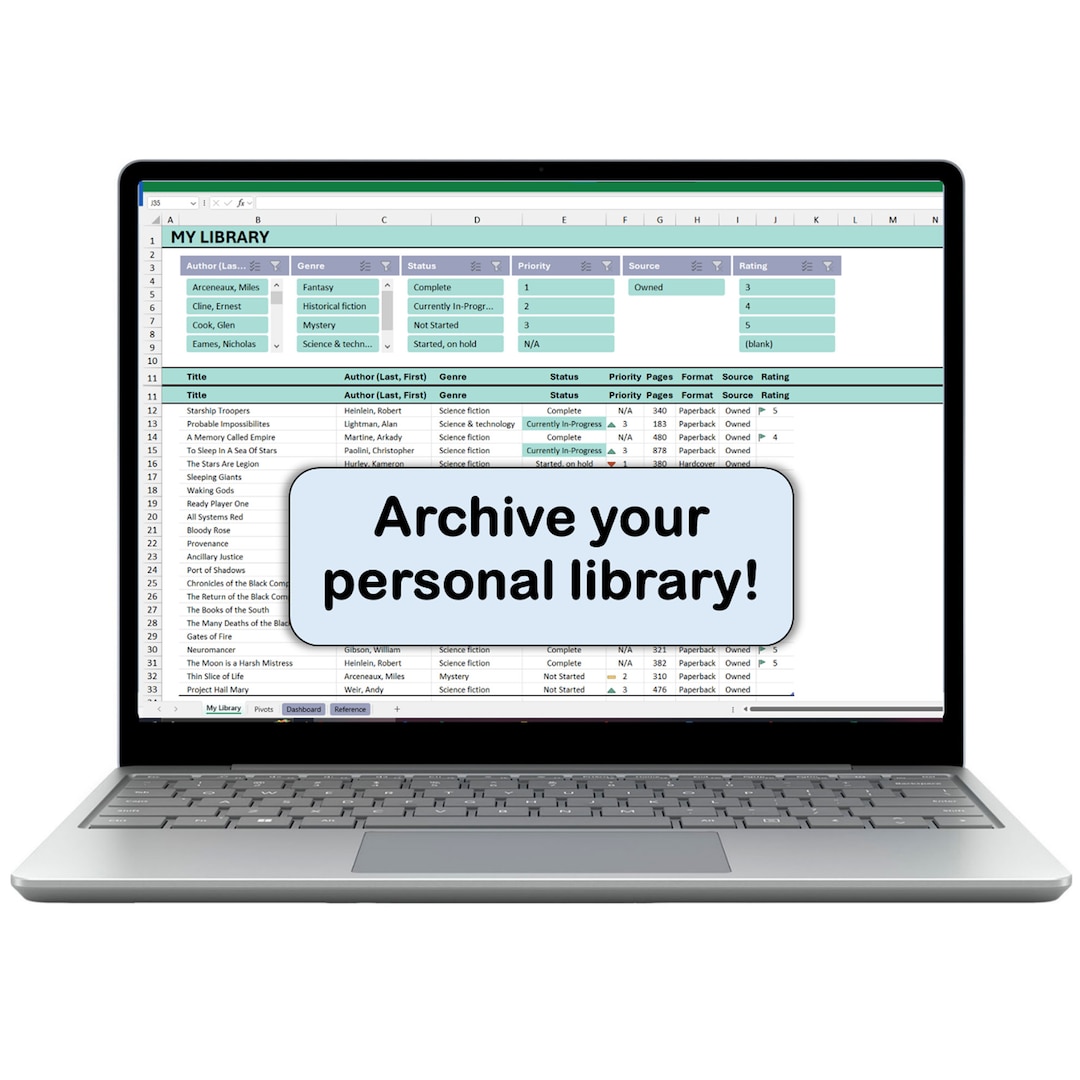 Personal Library Spreadsheet Tracker Excel Book Organizer Reading Log Digital Library Planner 
