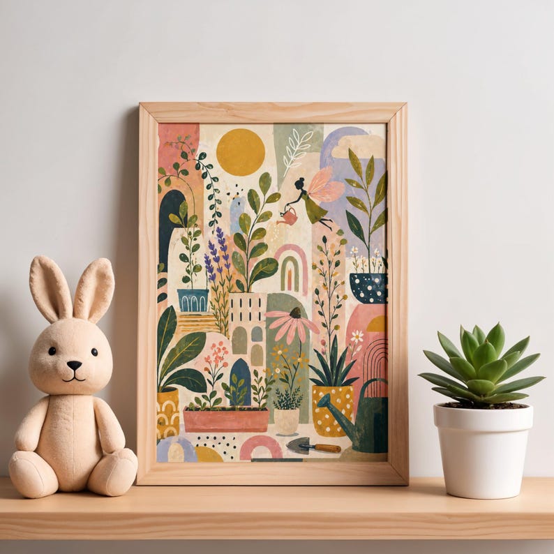 Arte de parede emoldurada com fada jardineira abstrata e caprichosa ...