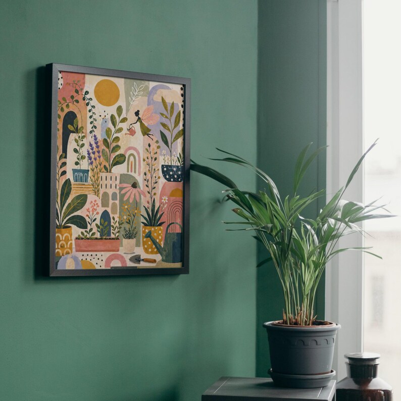 Arte de parede emoldurada com fada jardineira abstrata e caprichosa ...