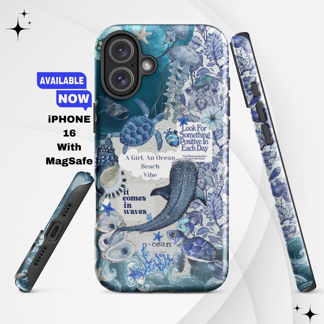 Coastal Whale Shark Collage Phone Case, Aesthetic Seashell Ocean Waves ...