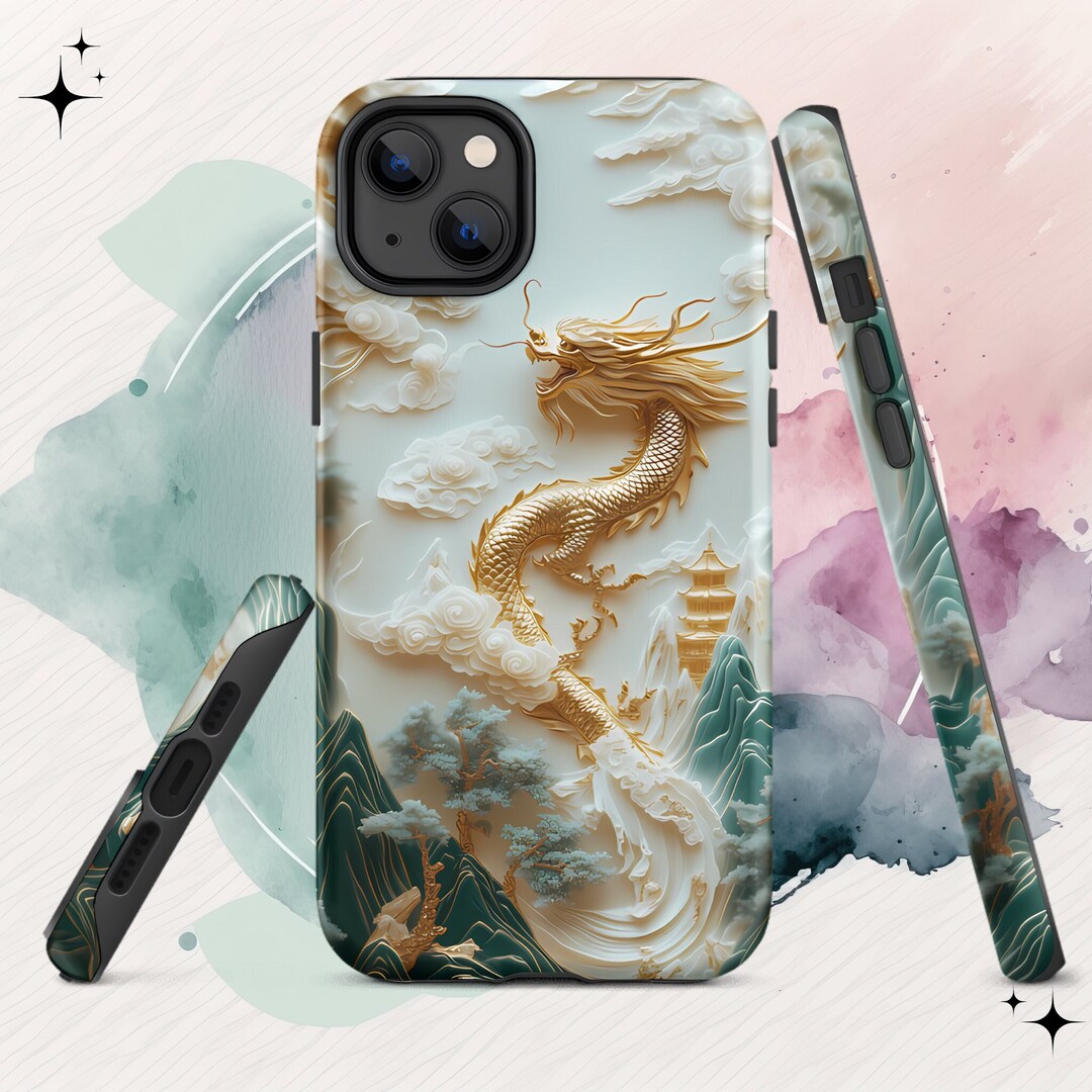 Mythical Jade Carving Waves Tough Phone Case Golden Dragon Design ...