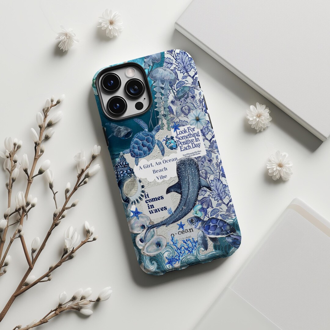 Whale Shark Collage Phone Case: Ocean Waves Art, Floral Seashell Design ...