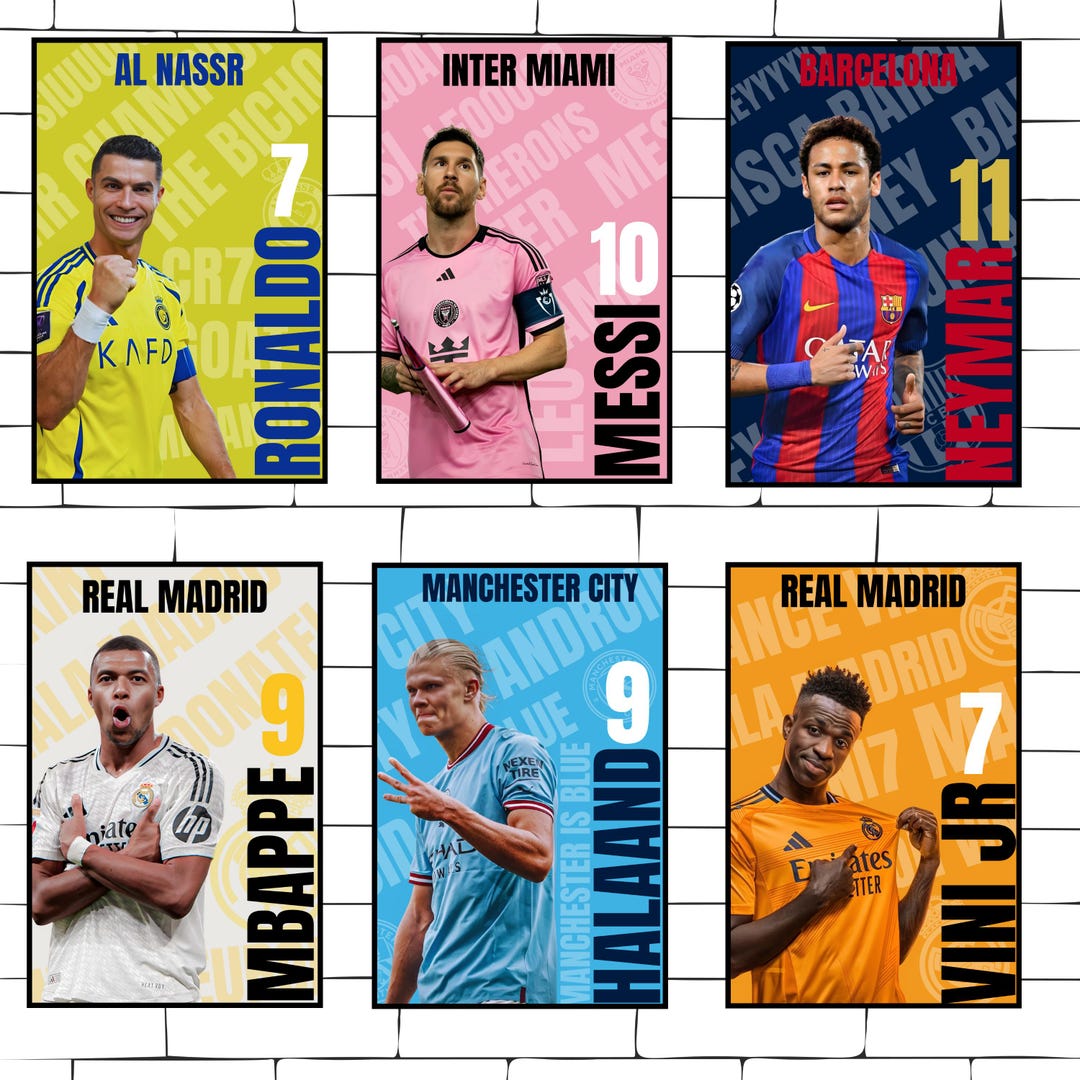 Football Poster Pack, Cristiano, Messi, Neymar, Mbappe, Haaland Poster ...
