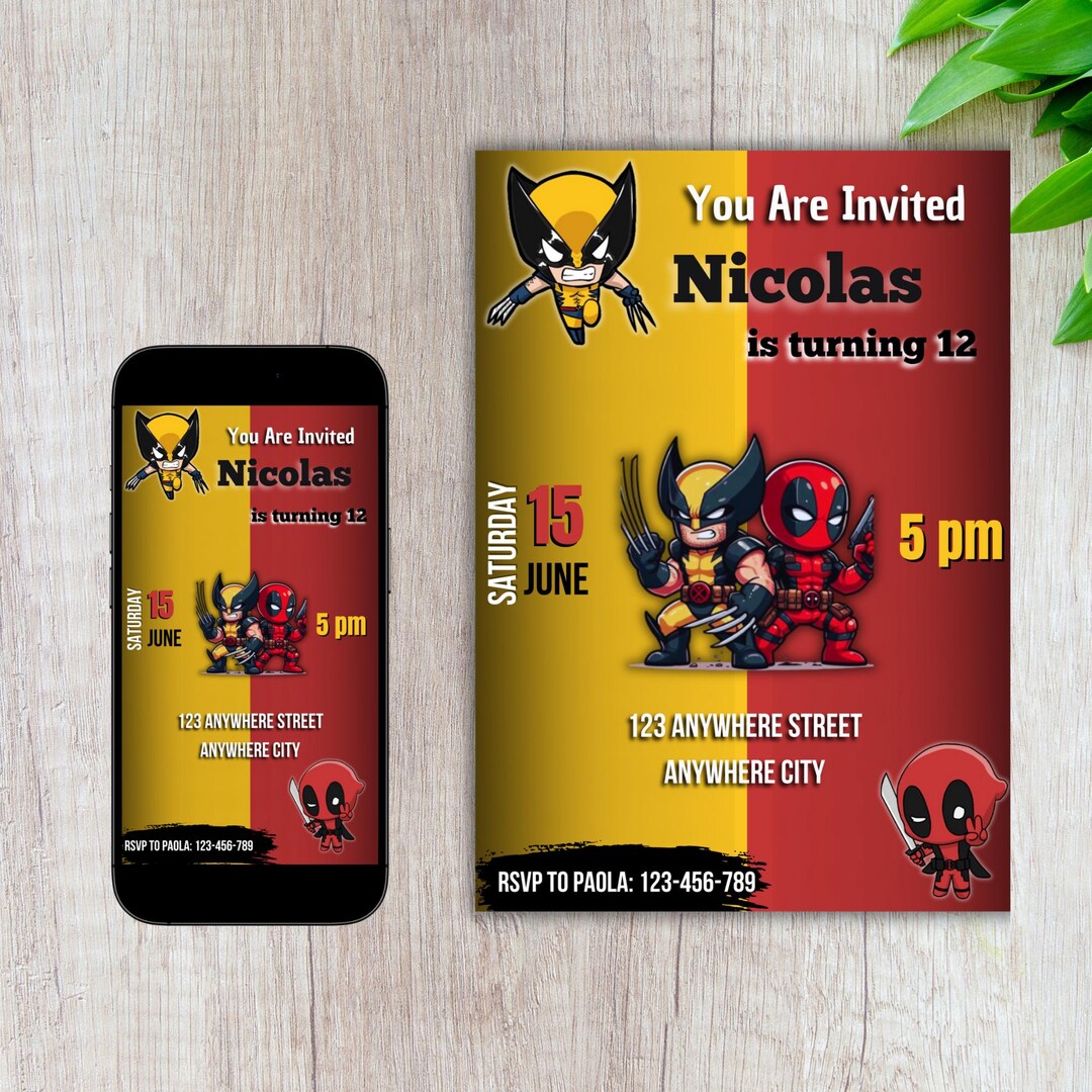 Deadpool and Wolverine Birthday Invitation, Editable Template, Instant Download, Superhero ...