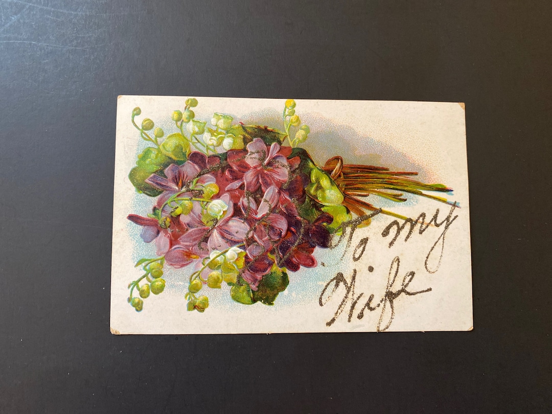 Antique Glitter Postcard- Greeting Card With Violets- to My Wife ...