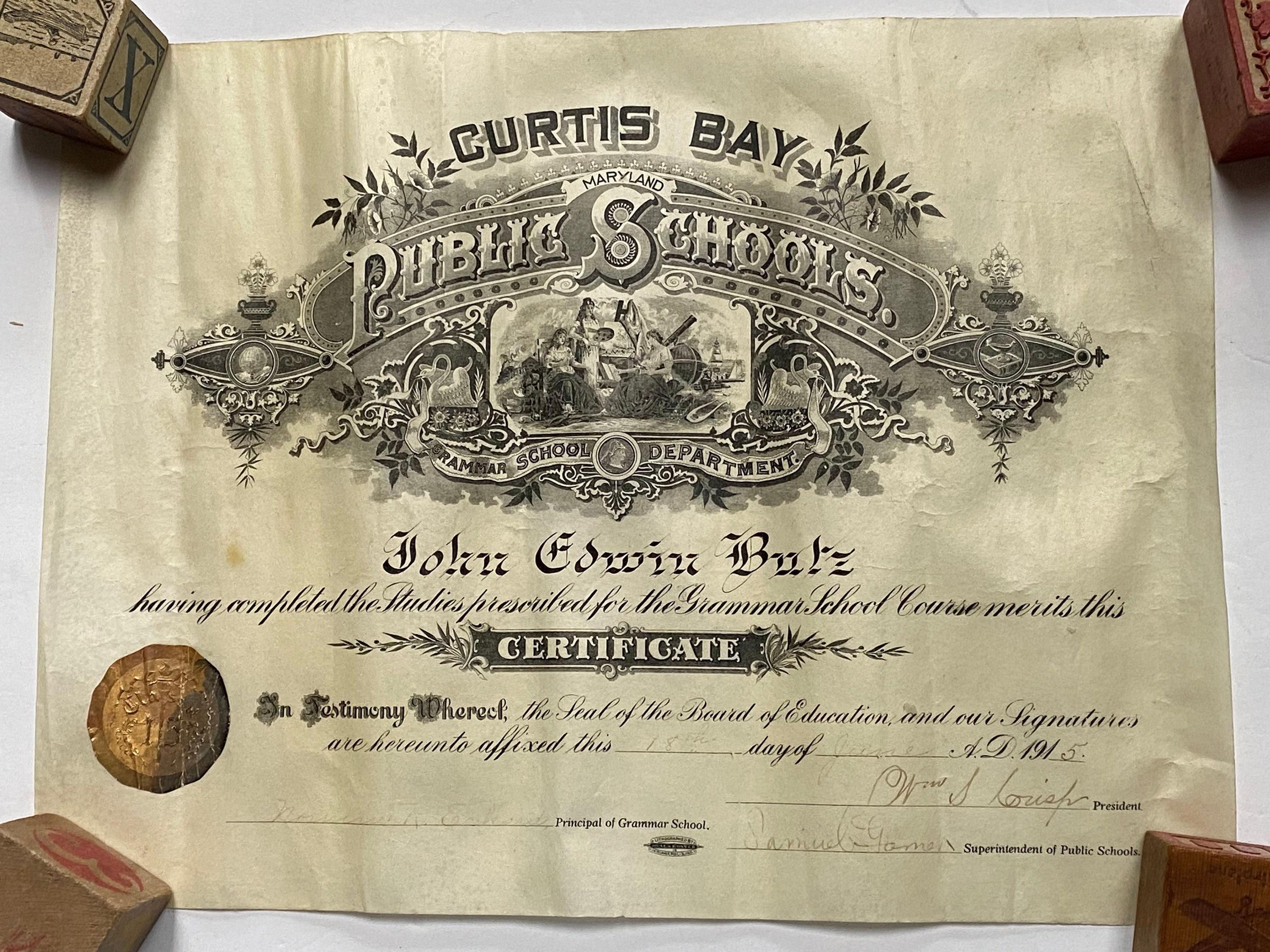 Antique (1915) Grammar School Diploma or Certificate - Curtis Bay ...