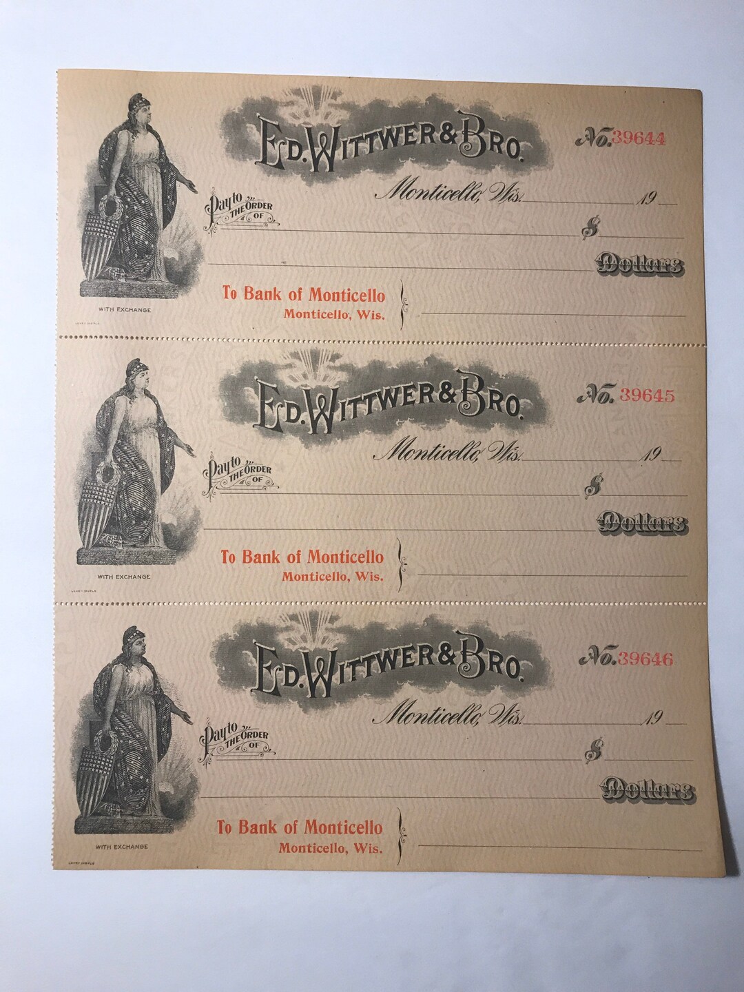 Antique (1900s) Sheet of 3 Perforated Blank Checks With Lady Columbia ...
